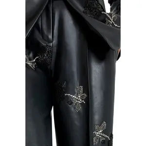 MILLY Nash Beaded Faux Leather Wide Leg Pants - Black