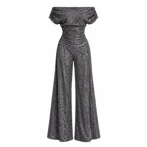 ATOM LABEL Carbon Sequin Bardot Wide Leg Jumpsuit Gunmetal