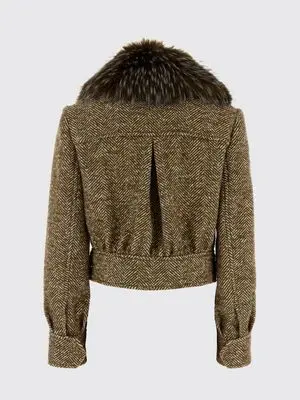 Zimmermann Chevron Wool Blend Short Coat With Fur Collar And Patch Pockets - Camel