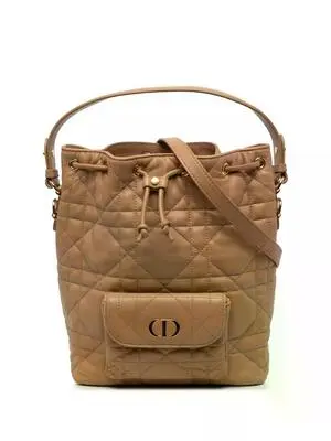 Dior 2025 Small Lambskin Macrocannage Caro Bucket Bag Satchel - Brown