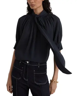 REISS Lerina Tie Neck Short Sleeve Top - Navy