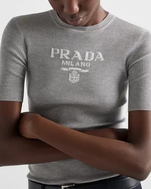 Prada Silk Crew Neck Sweater With Logo - Grey