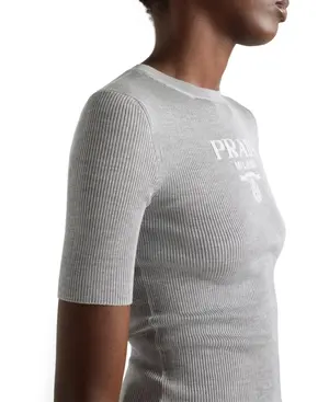 Prada Silk Crew Neck Sweater With Logo - Grey