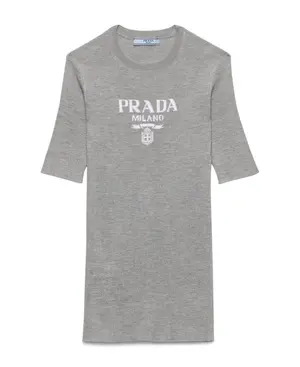 Prada Silk Crew Neck Sweater With Logo - Grey