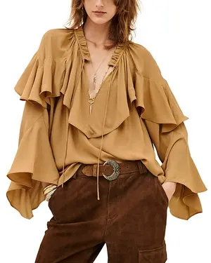 Ba&sh Betty Ruffled V Neck Blouse - Camel