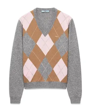 Prada Argyle Cashmere V-neck Sweater