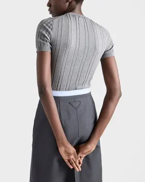 Prada Short Sleeved Ribbed Knit Cotton Sweater