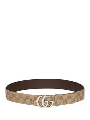 Gucci Marmont Double G Gg Fabric Belt With Silver-tone Buckle - Beige