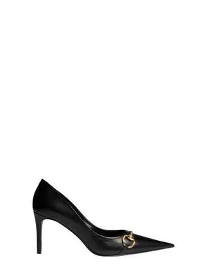 Gucci Horsebit Leather Pump With Pointed Toe And Mid Stiletto Heel - Black