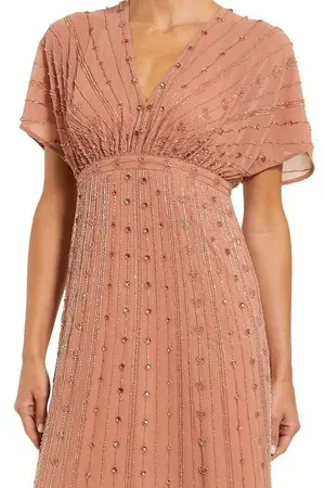 Mac Duggal Beaded Short Sleeve V-neck Empire Waist Gown