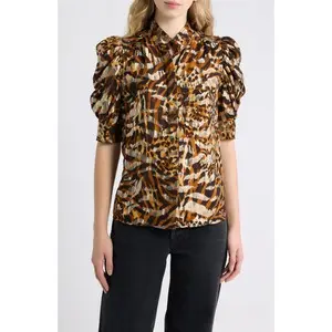 FRAME Gillian Silk Blend Top - Abstract Leopard