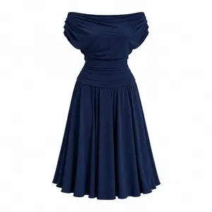 ATOM LABEL Carbon Bardot Tea Regular Length Dress Navy
