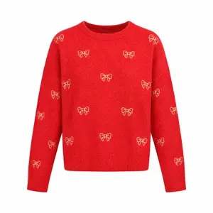 YUMI Embroide Bow Relaxed Jumper - Red