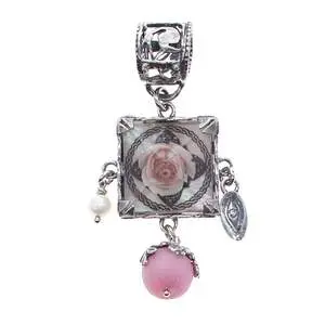 GEM KINGDOM Square Pink Rose Resin Pendant - Pink/silver