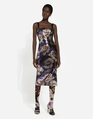 Dolce & Gabbana Dolce Gabbana Peony Printed Sequined Strapless Dress