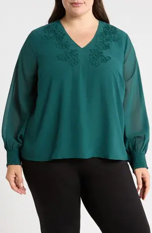 Vince Camuto Soutache Embroidered Gauze Top - Deep Emerald