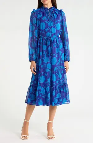 SUGARLIPS Kristen Balloon Sleeve Tiered Midi Dress - Navy-multi