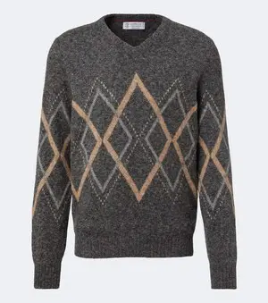 Brunello Cucinelli Argyle Alpaca, Cashmere, And Wool-blend Sweater - Grey