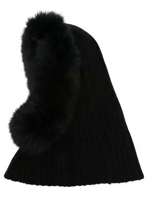 YVES SALOMON Passamontagna In Lana E Cashmere A Coste Con Rifinitura In Pelliccia - Black