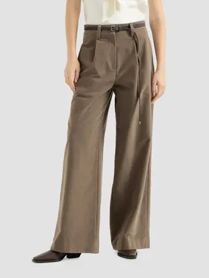 Brunello Cucinelli Stretch Cotton Moleskin Loose Tailored Trousers With Monili