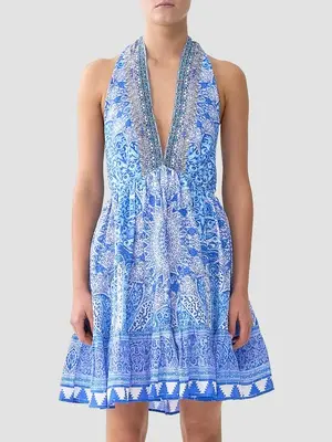 Camilla Printed Linen Ruffle-hem Halter Minidress