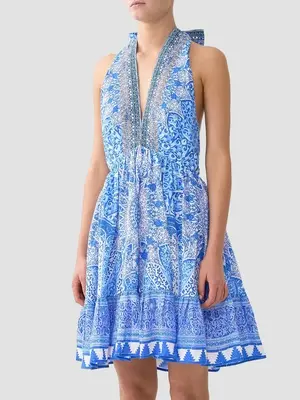 Camilla Printed Linen Ruffle-hem Halter Minidress