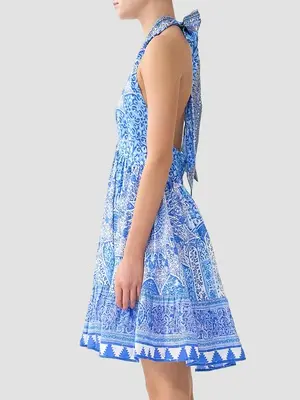 Camilla Printed Linen Ruffle-hem Halter Minidress