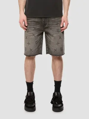 PURPLE BRAND Embroidered Washed-denim Mid-rise Shorts