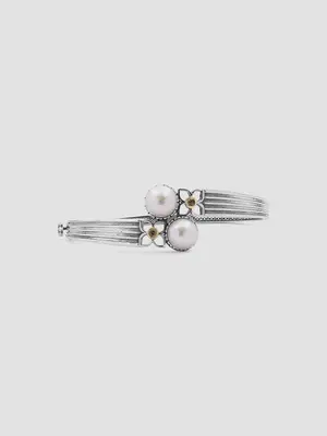 Stephen Dweck 18k Yellow Gold, Sterling 0.06 Tcw Diamond & Freshwater Pearl Bypass Bracelet - Silver
