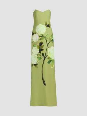 Badgley Mischka Pleated Floral Strapless Gown - Lime Multi