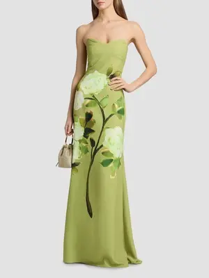 Badgley Mischka Pleated Floral Strapless Gown