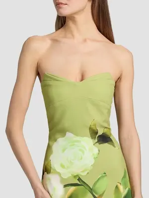 Badgley Mischka Pleated Floral Strapless Gown