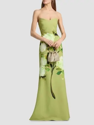 Badgley Mischka Pleated Floral Strapless Gown