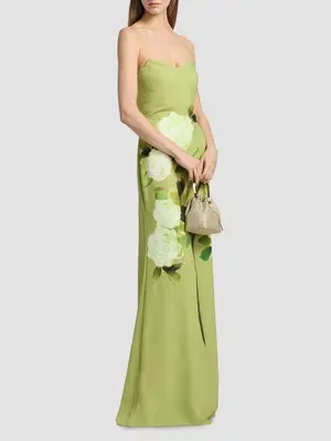 Badgley Mischka Pleated Floral Strapless Gown