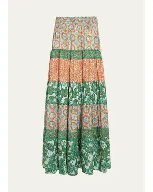 Ramy Brook Dorotha Tiered Maxi Skirt - Palm Patchwork