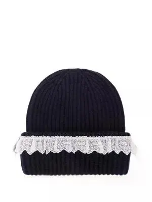 GANNI Lace-trim Ribbed Beanie Hat - Blue