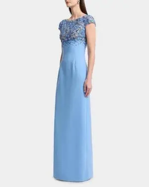 Oscar De La Renta Bitty Hoya Flowers Embroidered Cap-sleeve Gown