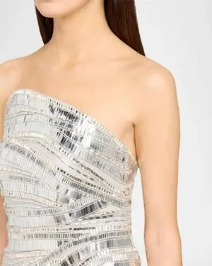 Pamella Roland Wave Beaded Tulle Strapless Column Gown - Silver