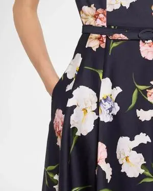 Oscar De La Renta Short-sleeve Painted Iris Cotton Belted Midi Dress
