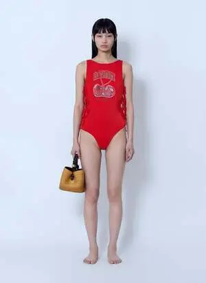 GANNI Swimsuit With Tie Strings Cherry Print - Red