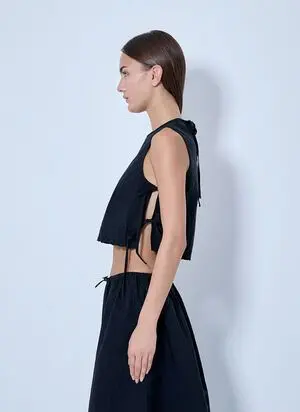 Cecilie Bahnsen Embroidered Taffeta Lace-up Top - Black