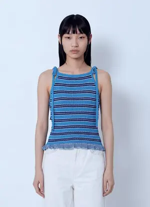 GANNI Cotton Pointelle Stripe Top - Blue