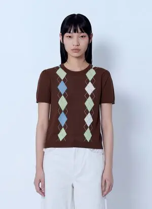 GANNI Light Cotton Argyle T-shirt - Brown