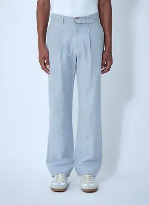 NOAH Seersucker Belted Single-pleat Pants - Blue