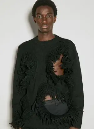 Comme Des Garçons Cut-out Wool Sweater With Tassle Edge - Black