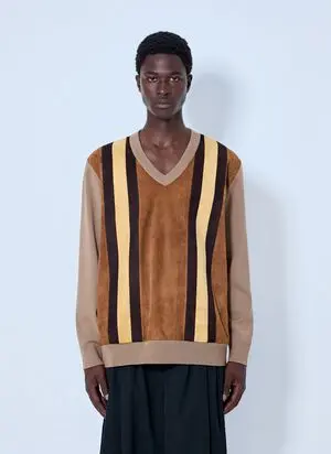 Miu Miu V-neck Sweater With Contrast Stripes - Camel