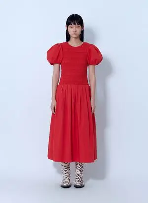 GANNI Stretch Cotton Long Smocked Pleated Dress