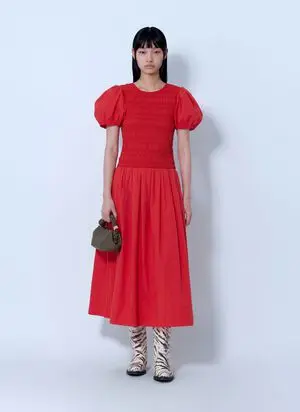 GANNI Stretch Cotton Long Smocked Pleated Dress