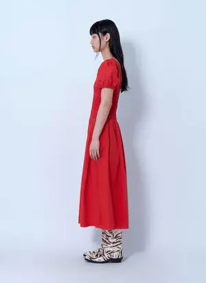 GANNI Stretch Cotton Long Smocked Pleated Dress