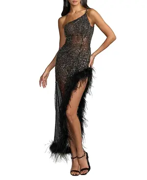 Mac Duggal One Shoulder Embellished Dress With Trim